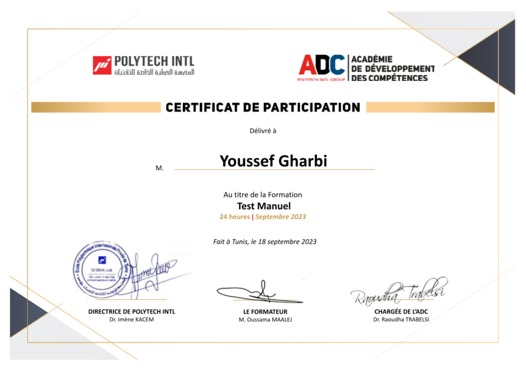Certificat YOUSSEF GHARBI – Test Manuel – ADC