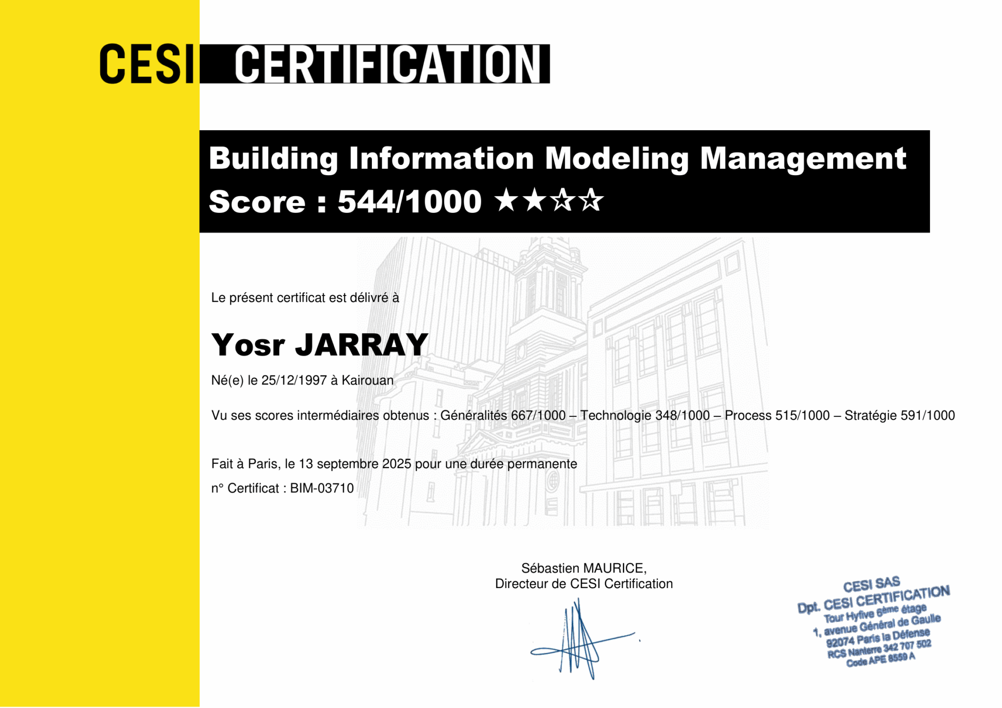 Certificat Yosr Jarray - CESI - ADC